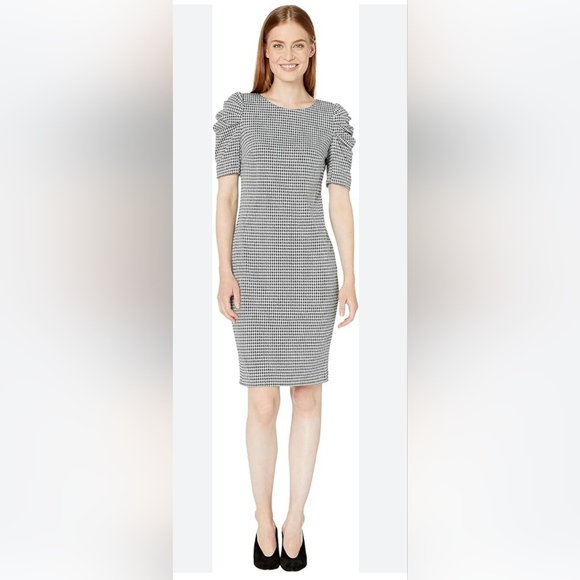 Calvin Klein | Dresses | Cavin Klein Gingham Ruffle Puff Sleeve Black ...